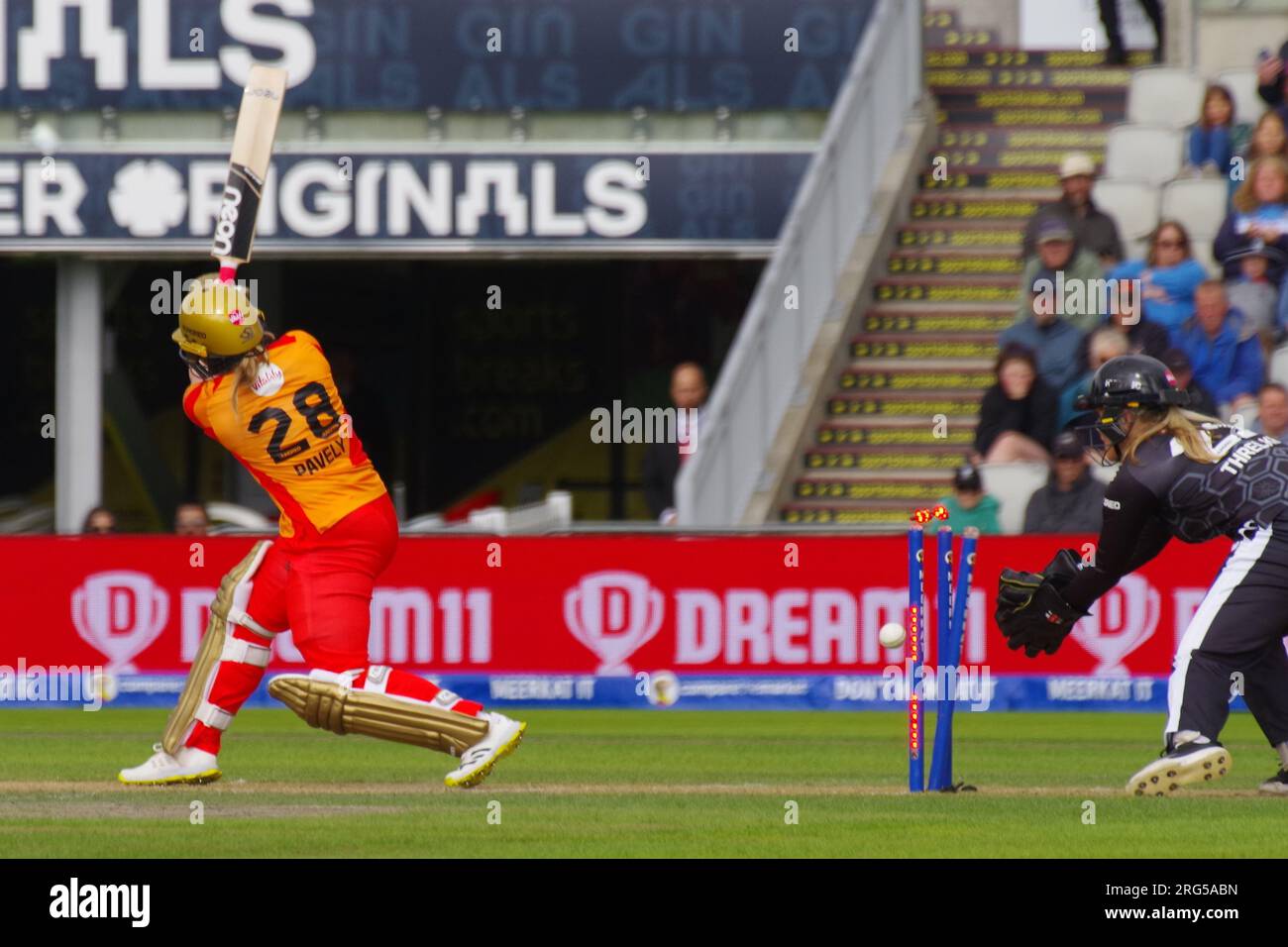 Manchester, 7 August 2023. Charis Pavely batting for Birmingham Phoenix ...