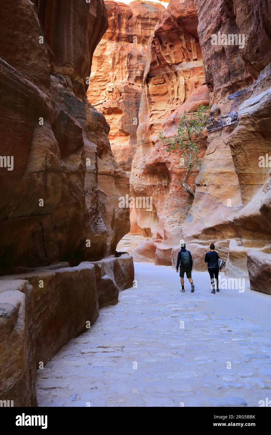 People walking along the Al-Siq, the Main Entrance Canyon to Petra ...