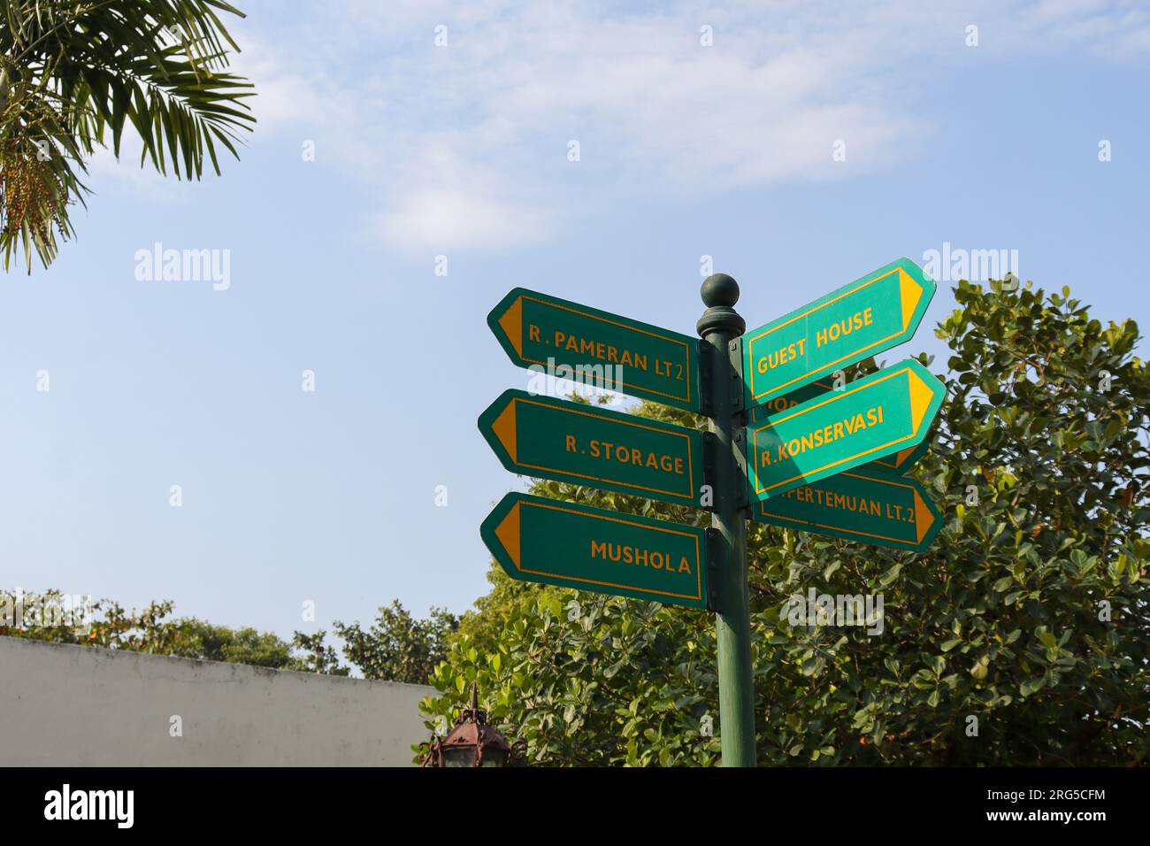 Directional signs that provide information on buildings in the museum ...