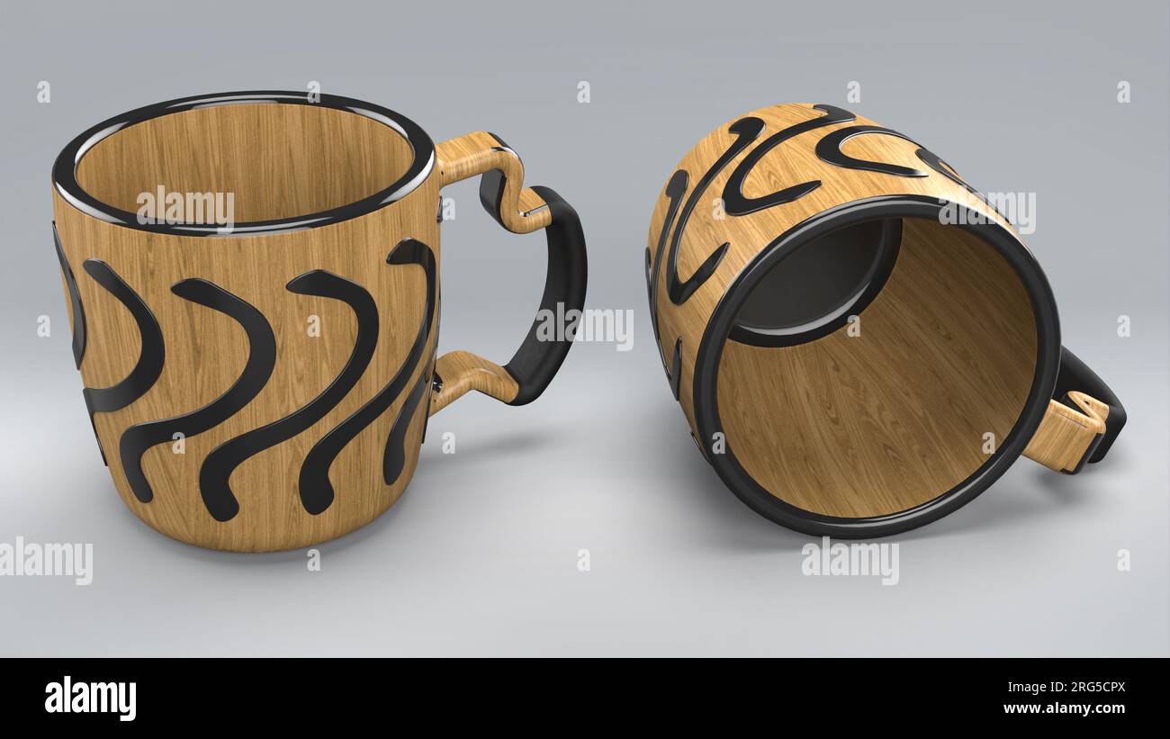 Wooden Coffee Mug with Black Curved Circular pattern Emboss. Isolated ...
