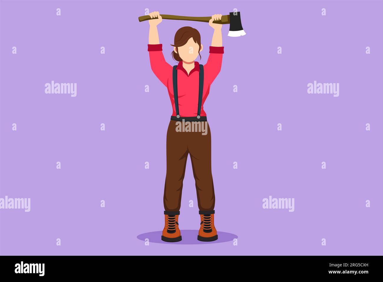 Character flat drawing cute woman lumberjack standing, lifting up axe ...