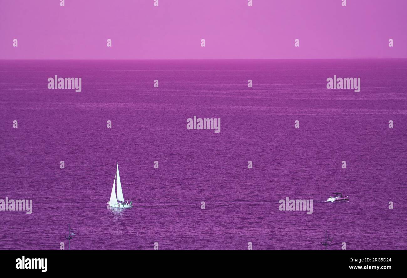 Surreal Pop Art Image of White Sail Yacht in Sailing on the Purple ...