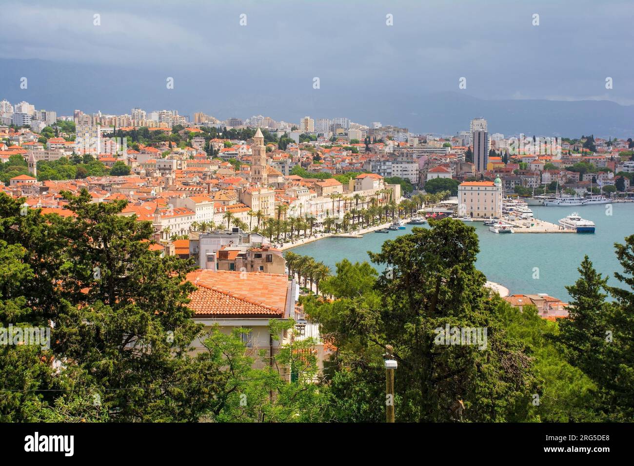 A view of the historic coastal town of Split in Croatia from Marjan ...
