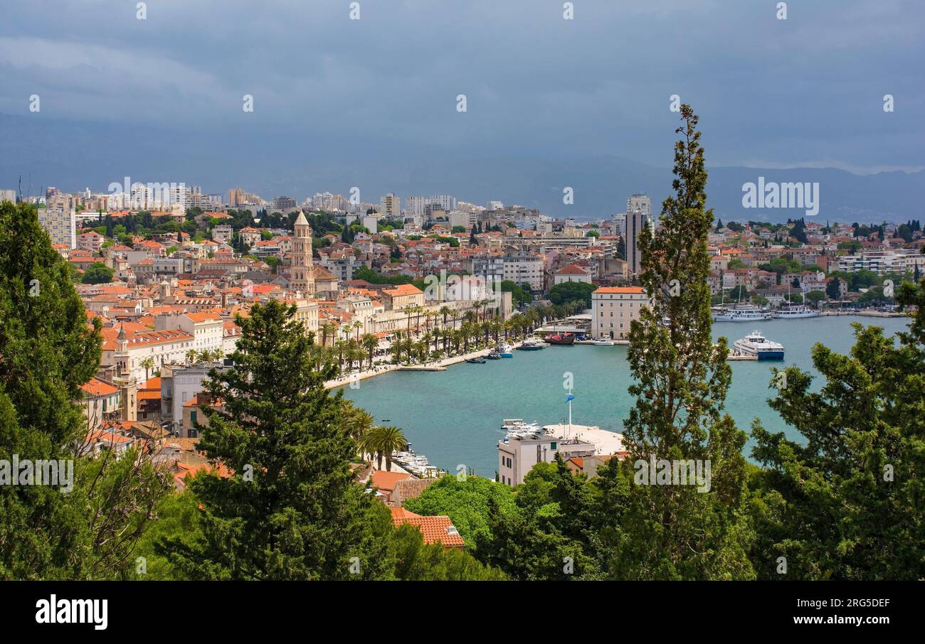 A view of the historic coastal town of Split in Croatia from Marjan ...
