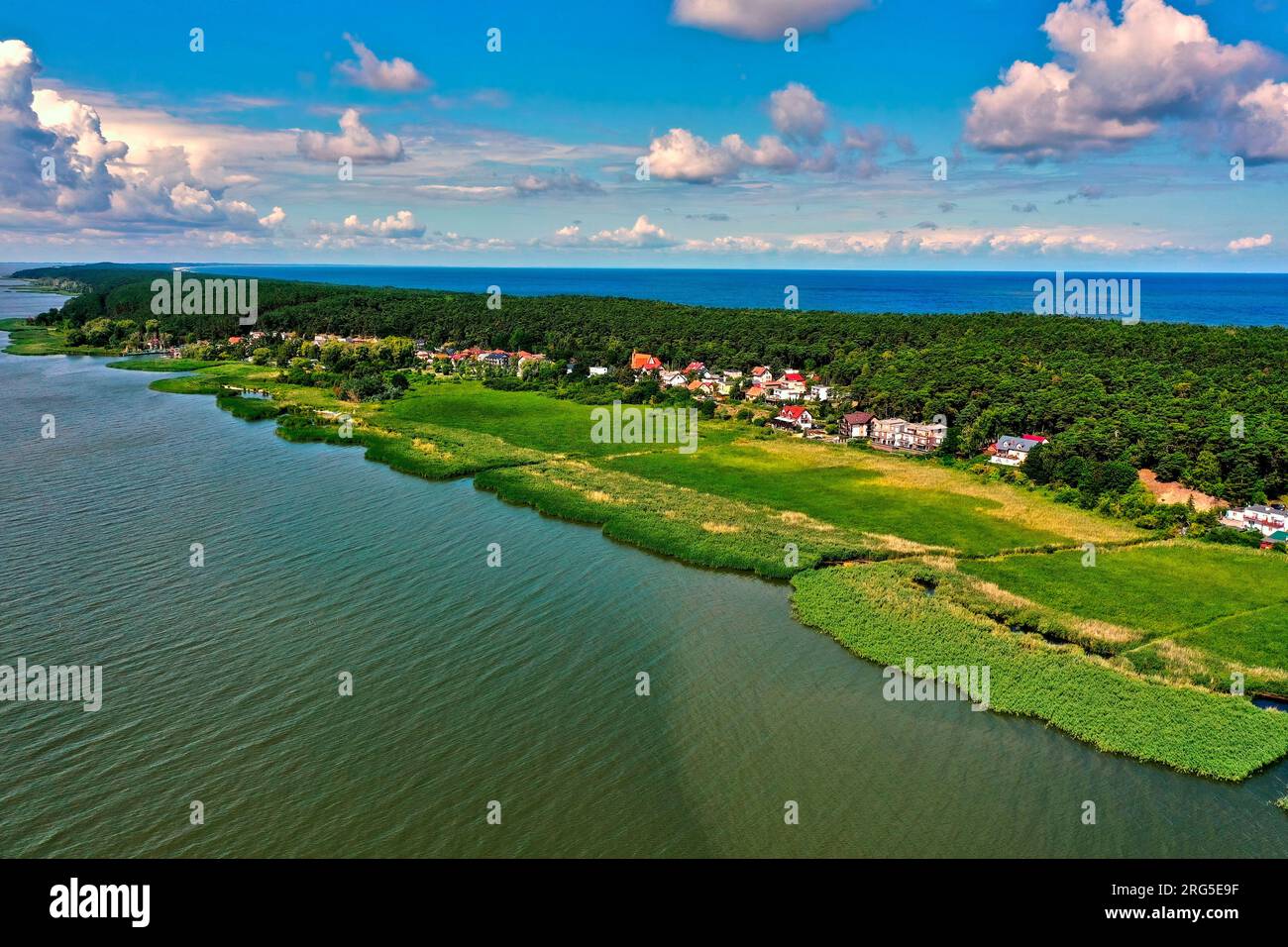 Aerial view of the Vistula Spit with salt marshes and vacation houses ...
