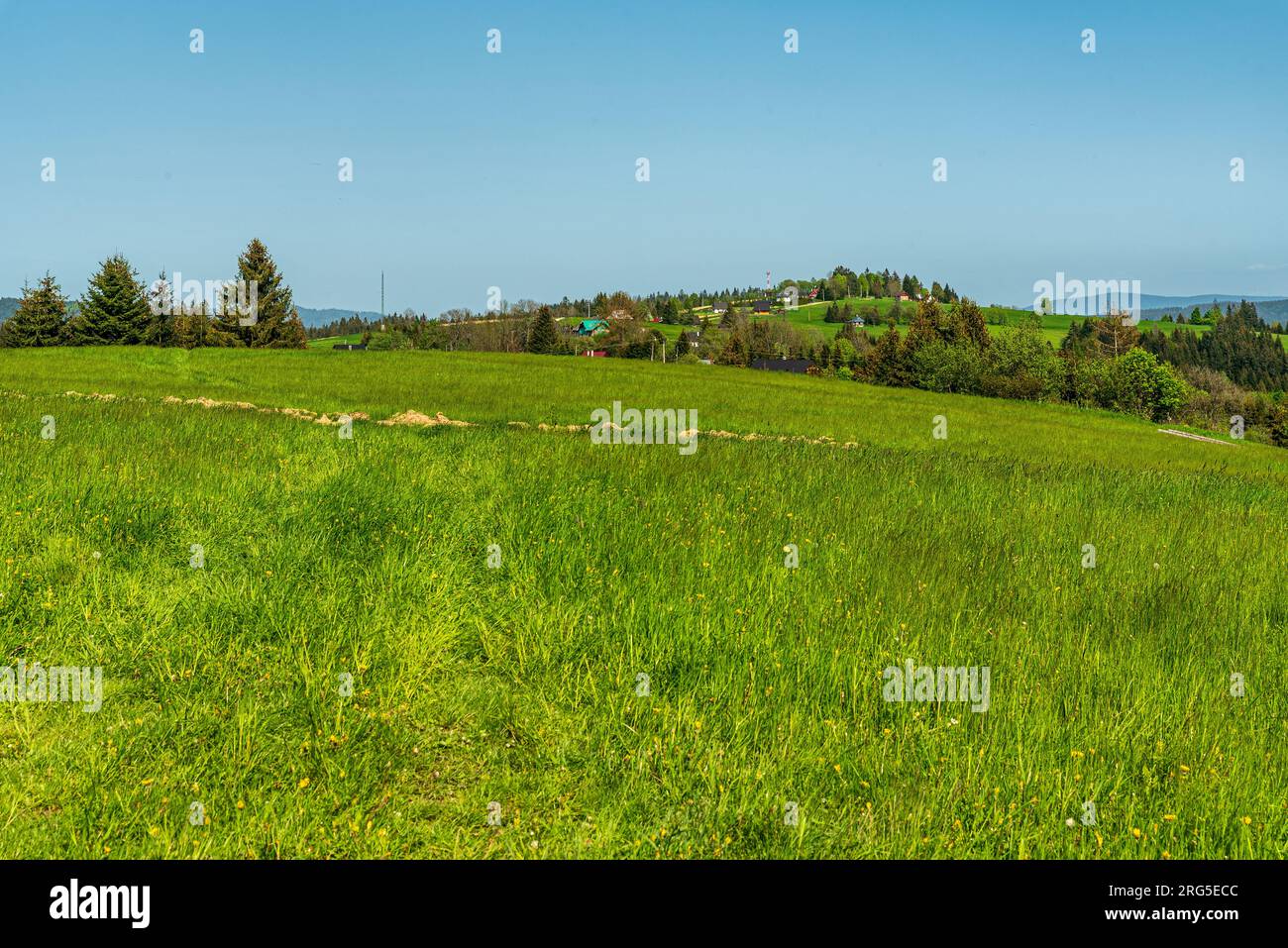 Beautiful rolling landscape with smaller hills, meadows and dispersed ...