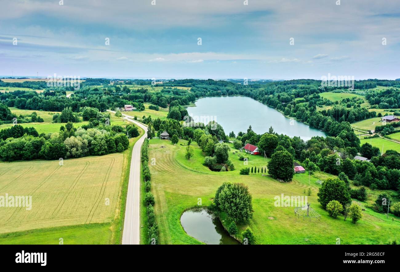 Aerial view of cultural landscape in Lithuania with well-kept meadows ...