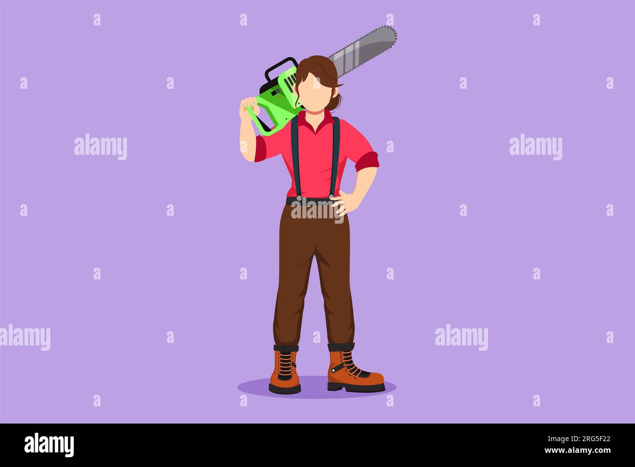 Cartoon flat style drawing woman woodcutter holding chainsaw on her ...