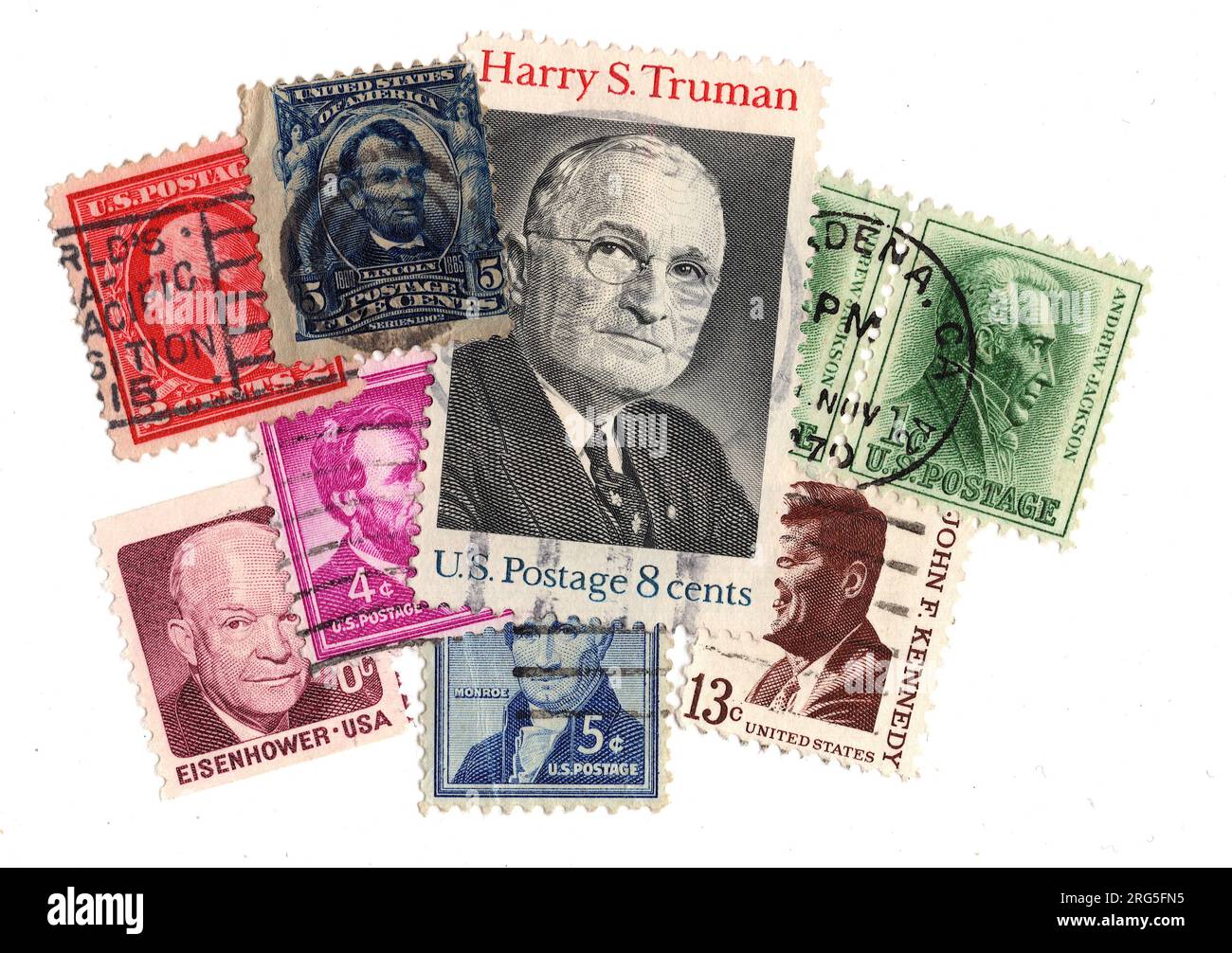 A montage of vintage postage stamps from the USA featuring past ...