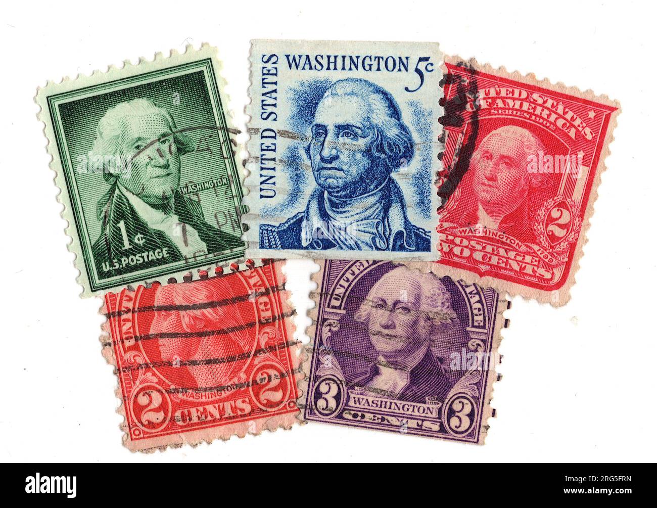 A montage of vintage postage stamps from the USA featuring portraits of ...