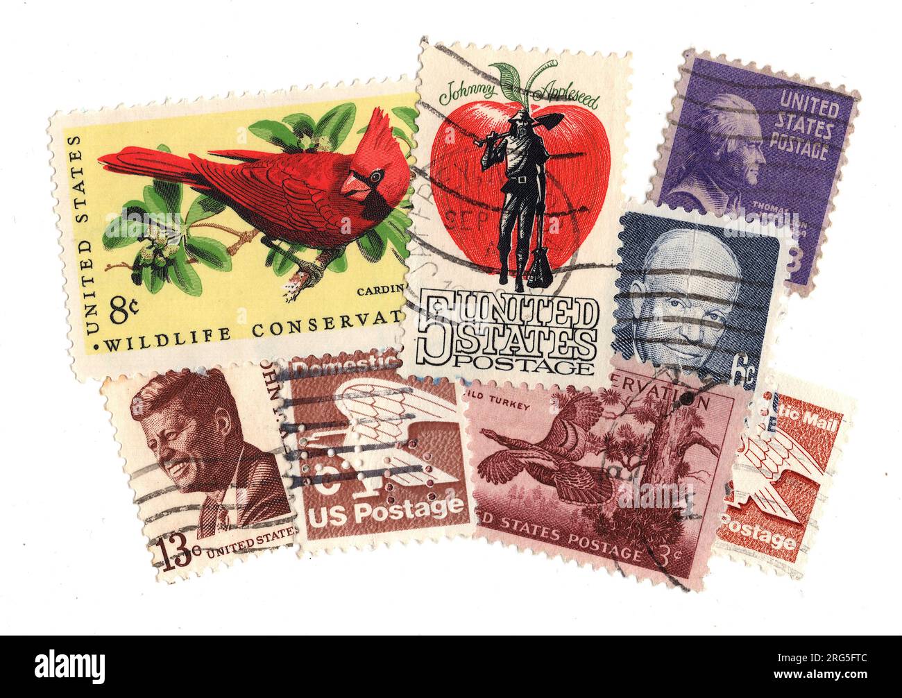 A montage of vintage postage stamps from the USA featuring heritage and ...
