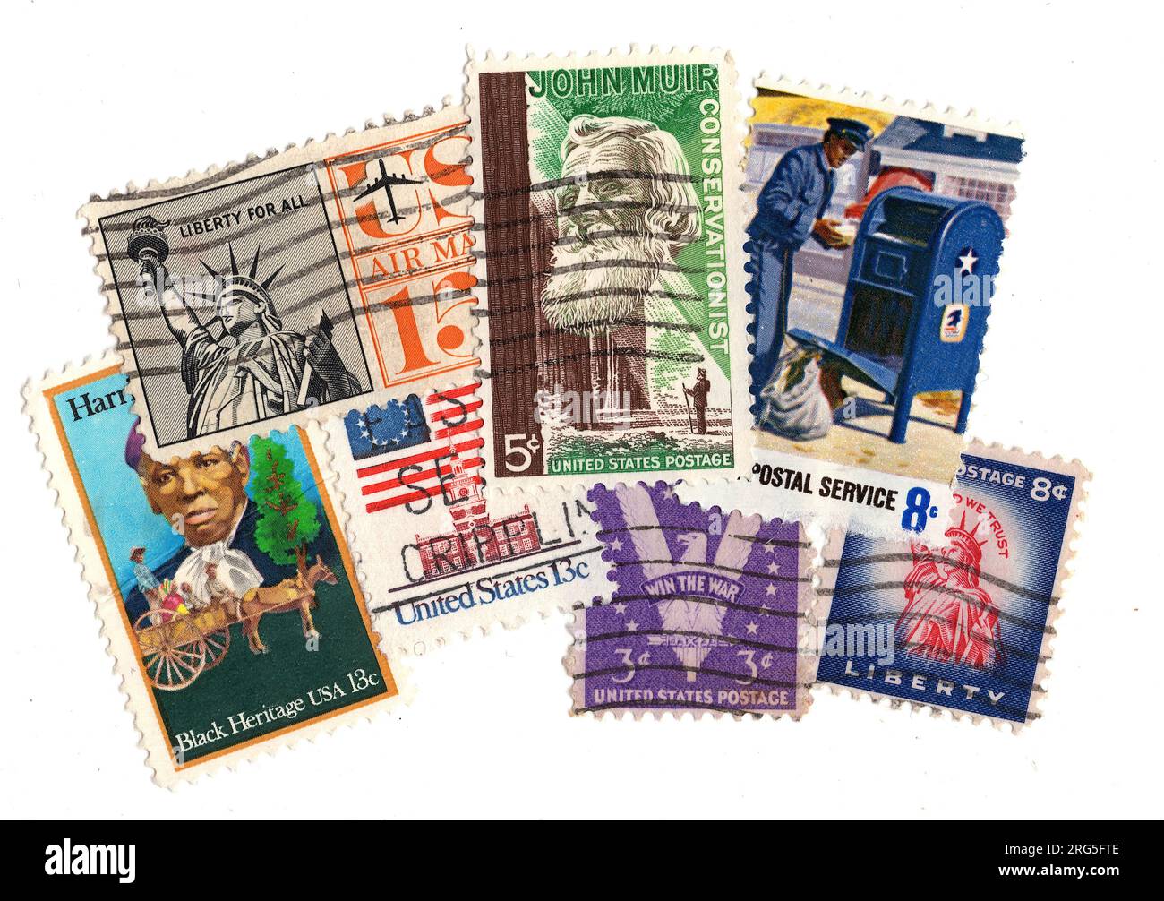 A montage of vintage postage stamps from the USA featuring heritage and ...