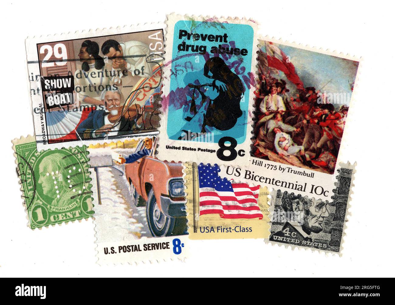 A montage of vintage postage stamps from the USA featuring heritage and ...