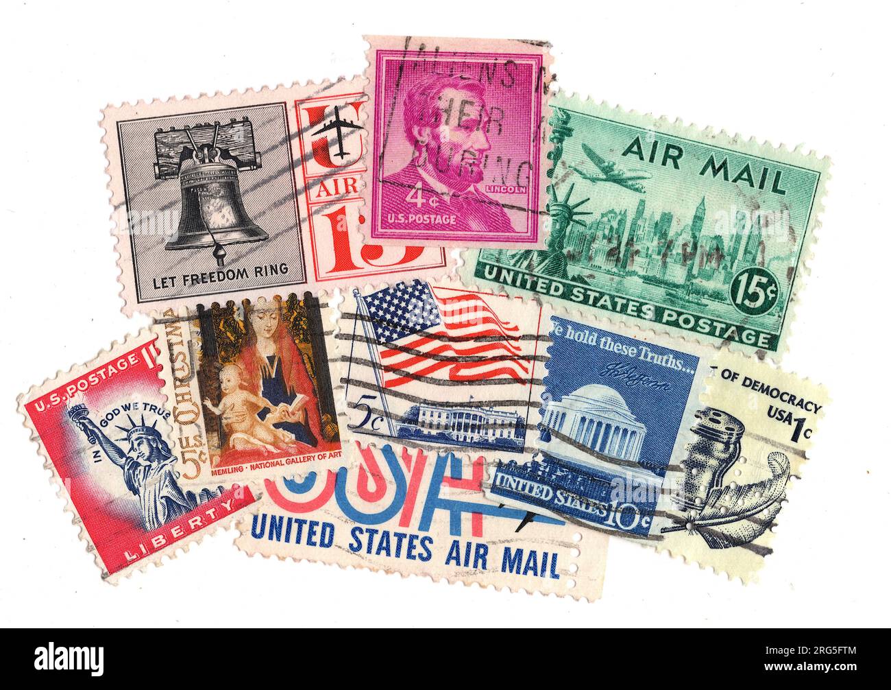 A montage of vintage postage stamps from the USA featuring heritage and ...