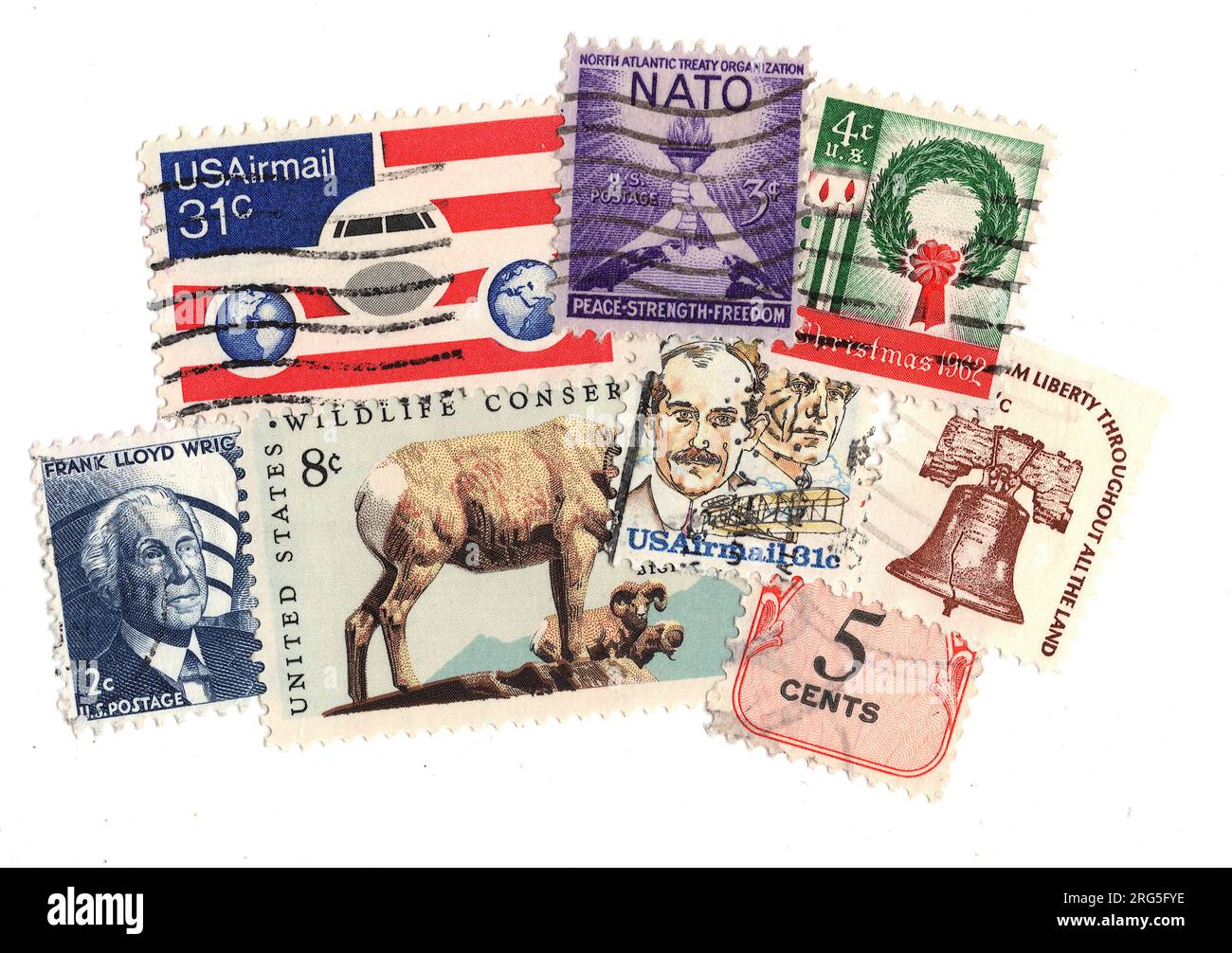 A montage of vintage postage stamps from the USA featuring heritage and ...