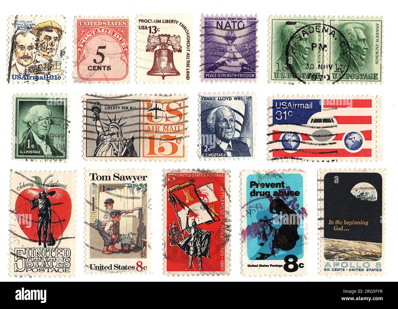 A montage of vintage postage stamps from the USA featuring heritage and ...