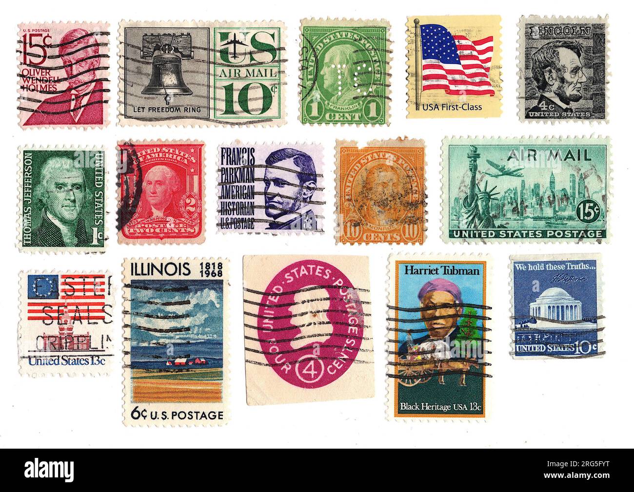 A montage of vintage postage stamps from the USA featuring heritage and ...