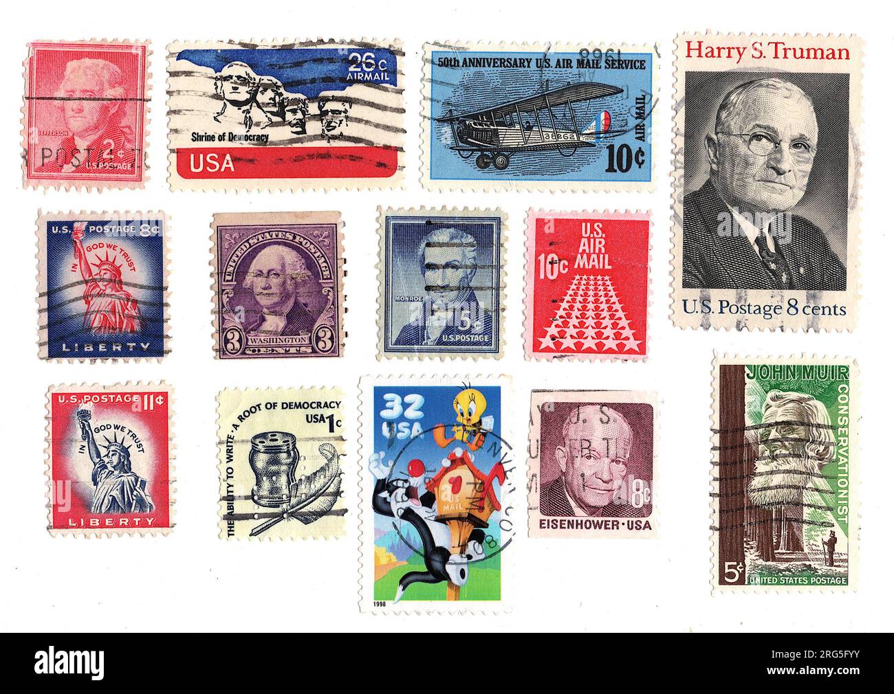 A montage of vintage postage stamps from the USA featuring heritage and ...