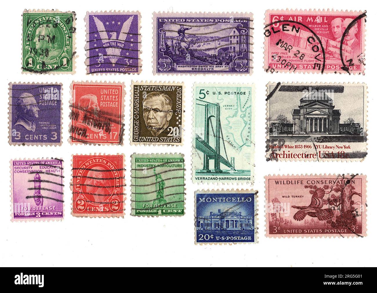 A montage of vintage postage stamps from the USA featuring heritage and ...