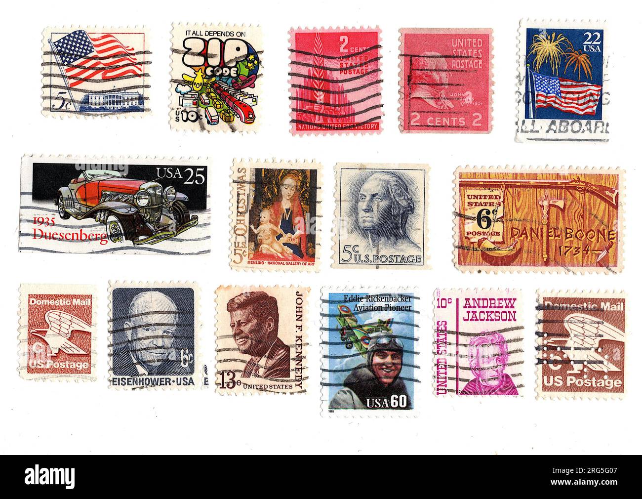 A montage of vintage postage stamps from the USA featuring heritage and ...