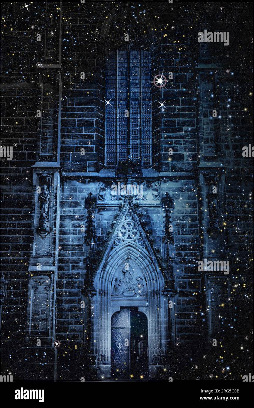 entrance of a gothic cathedral composite with stars Stock Photo - Alamy