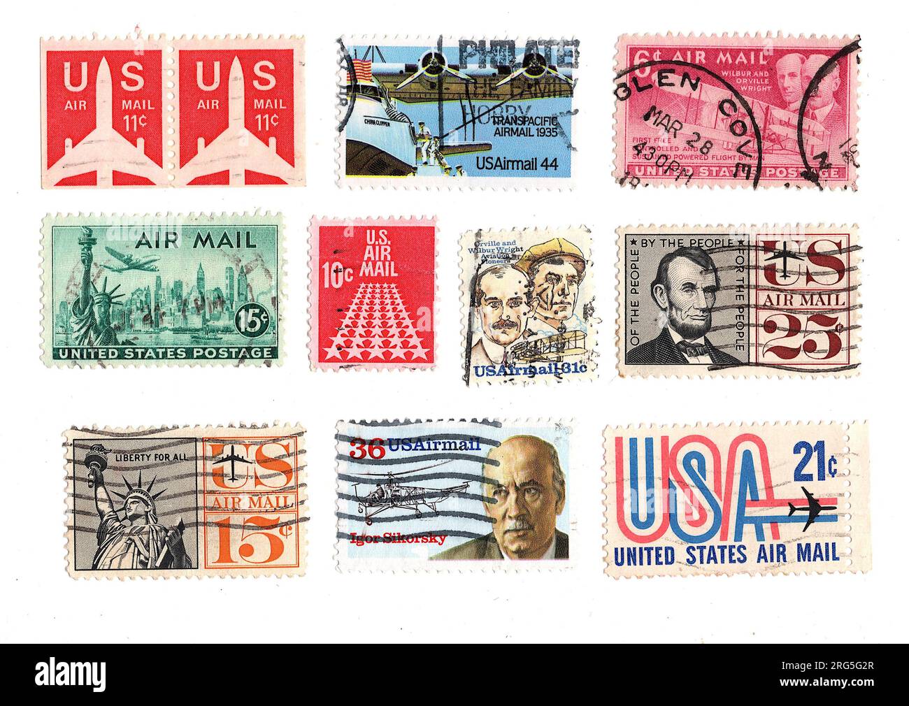 A montage of Air Mail vintage postage stamps from the USA on a white ...