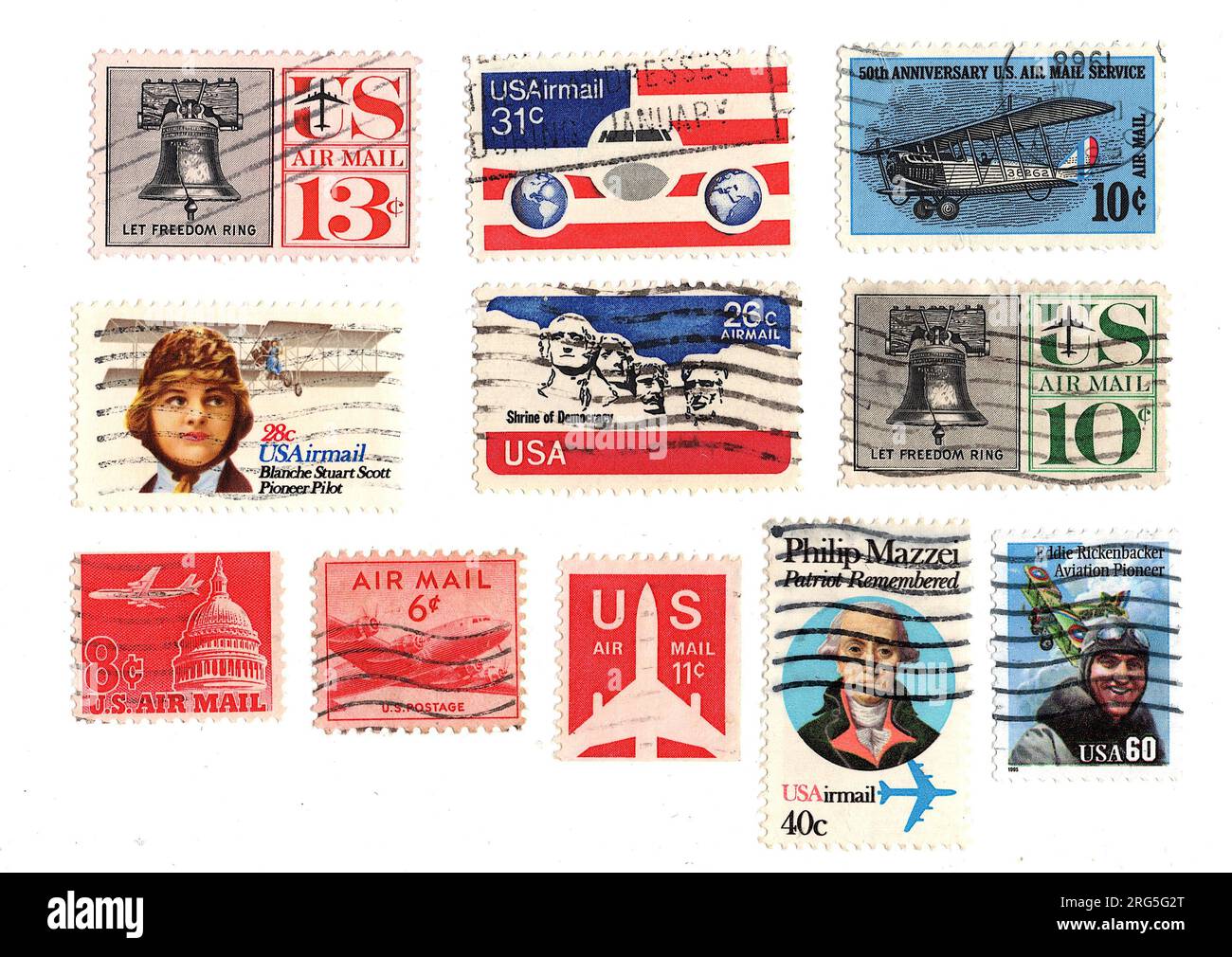 A montage of Air Mail vintage postage stamps from the USA on a white ...