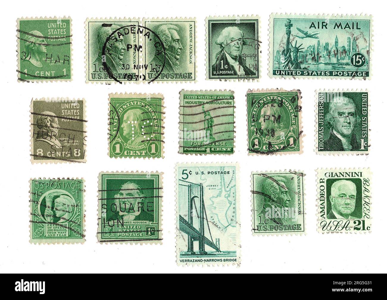 A montage of green vintage postage stamps from the USA on a white ...