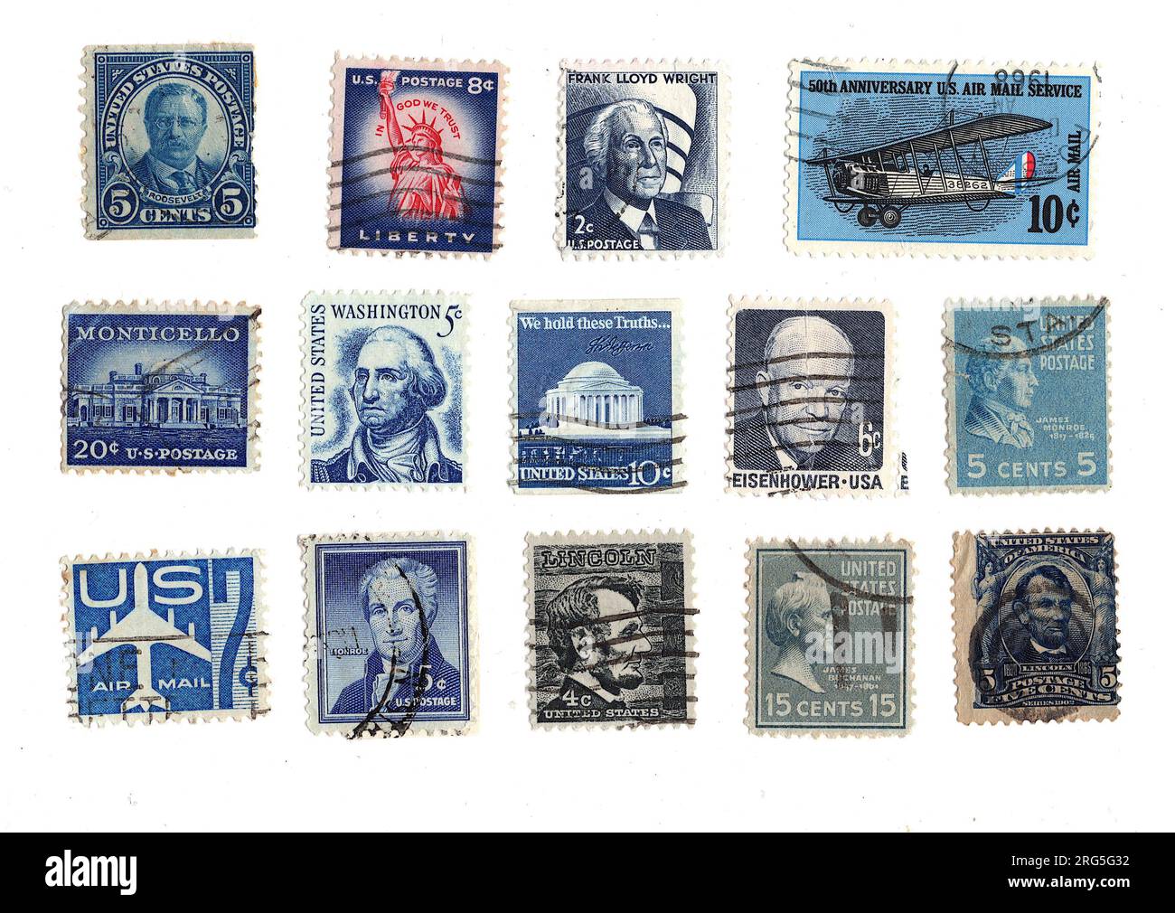 A montage of blue vintage postage stamps from the USA on a white ...