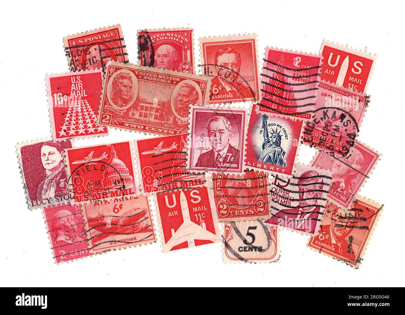 A montage of red vintage postage stamps from the USA on a white ...