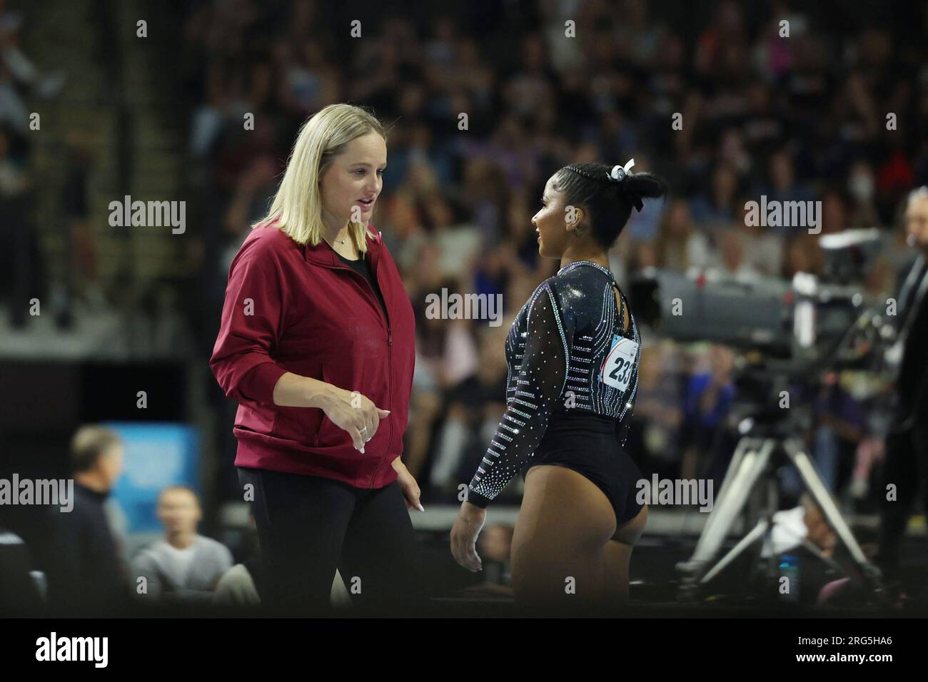 August 5, 2023: Jordan Chiles with coach Cecile Landi during the U.S ...