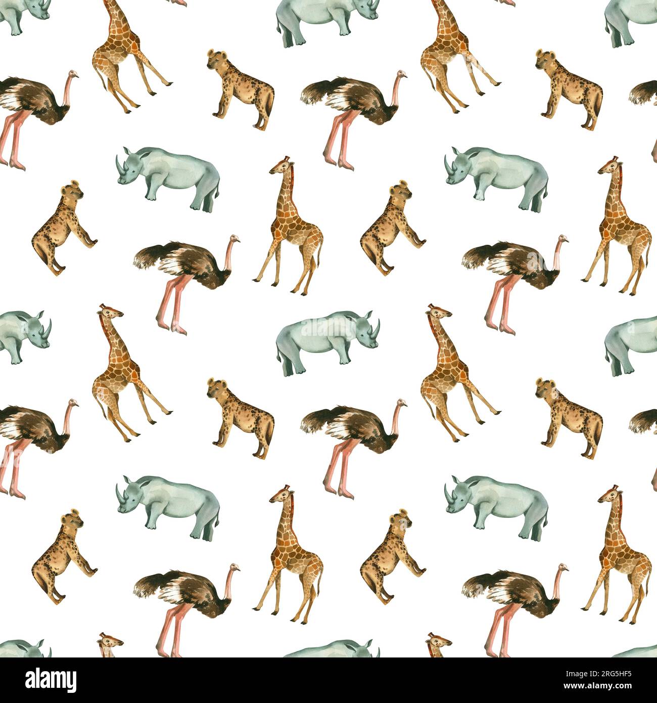 Seamless pattern. Animals of Africa: giraffe, rhinoceros, spotted hyena ...