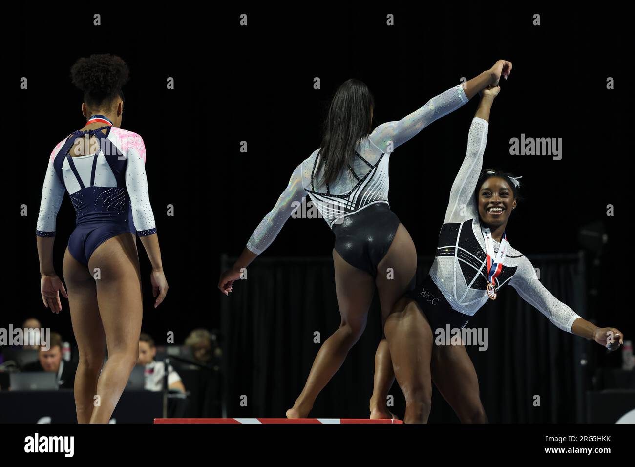 August 5, 2023: Uneven bars gold medalist Zoe Miller celebrates with ...