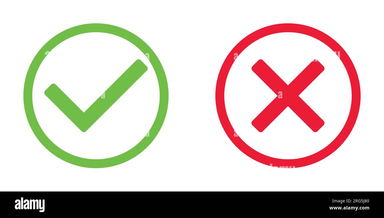 green tick and red x in circle, OK check mark and X cross icon symbol ...