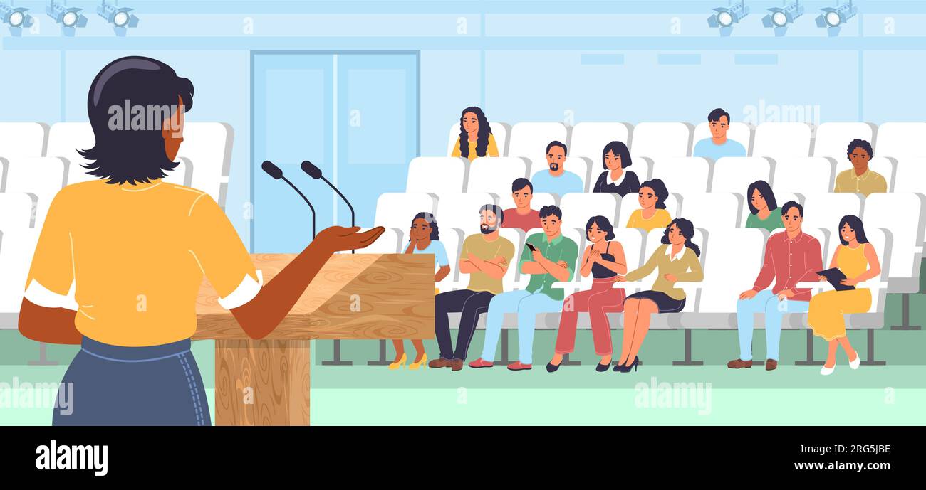 Conference vector illustration with woman speaker character Stock ...