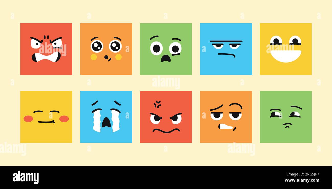 Characters color elements. Mascots of emotions. Square abstract faces ...