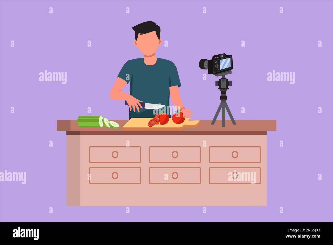 Character flat drawing of young man chef in uniform standing in kitchen ...