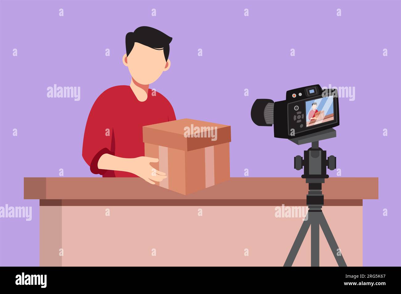 Cartoon flat style drawing young male vlogger unbox and review product ...