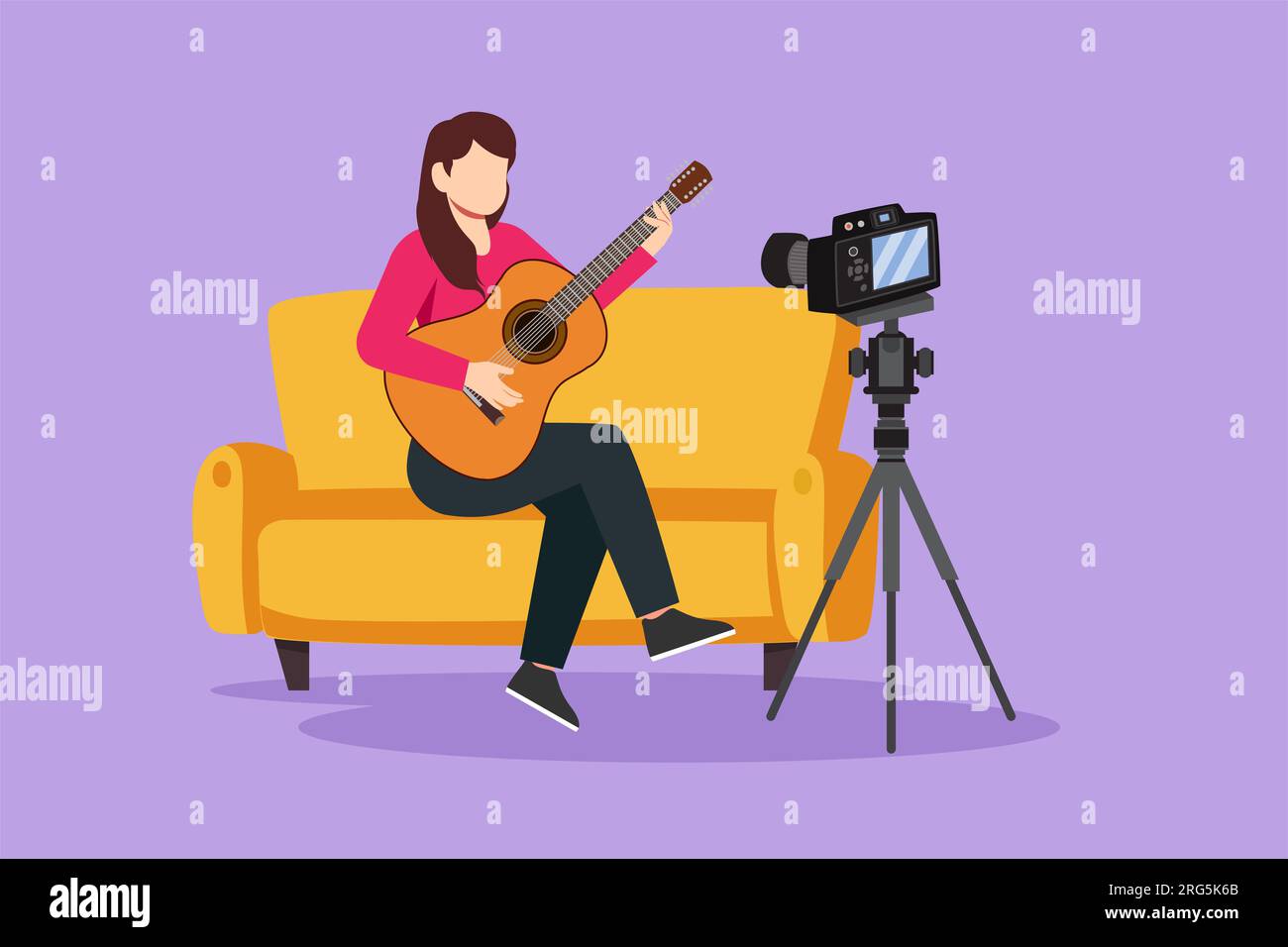 Cartoon flat style drawing of beautiful woman blogger recording and ...