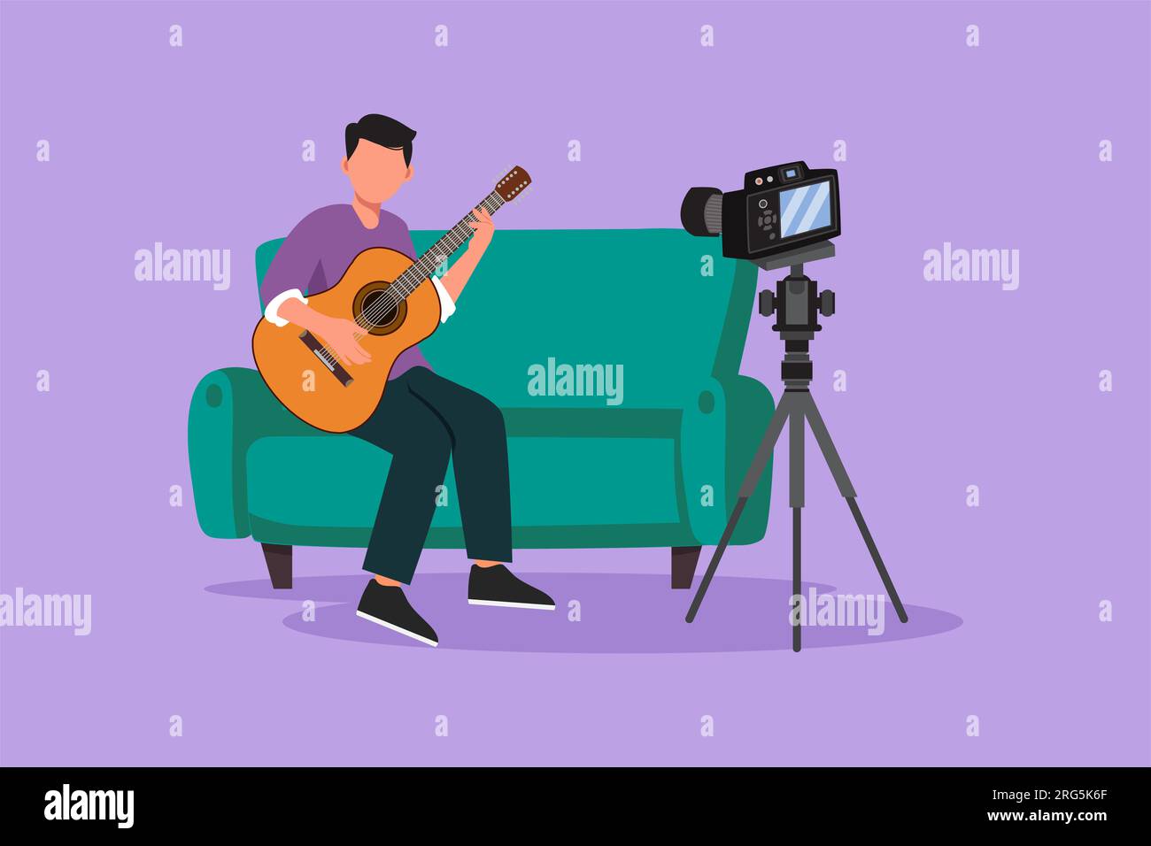 Cartoon flat style drawing man recording video clip and playing guitar ...