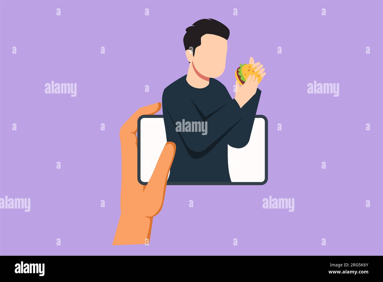 Cartoon flat style drawing young male food blogger eating burger while ...