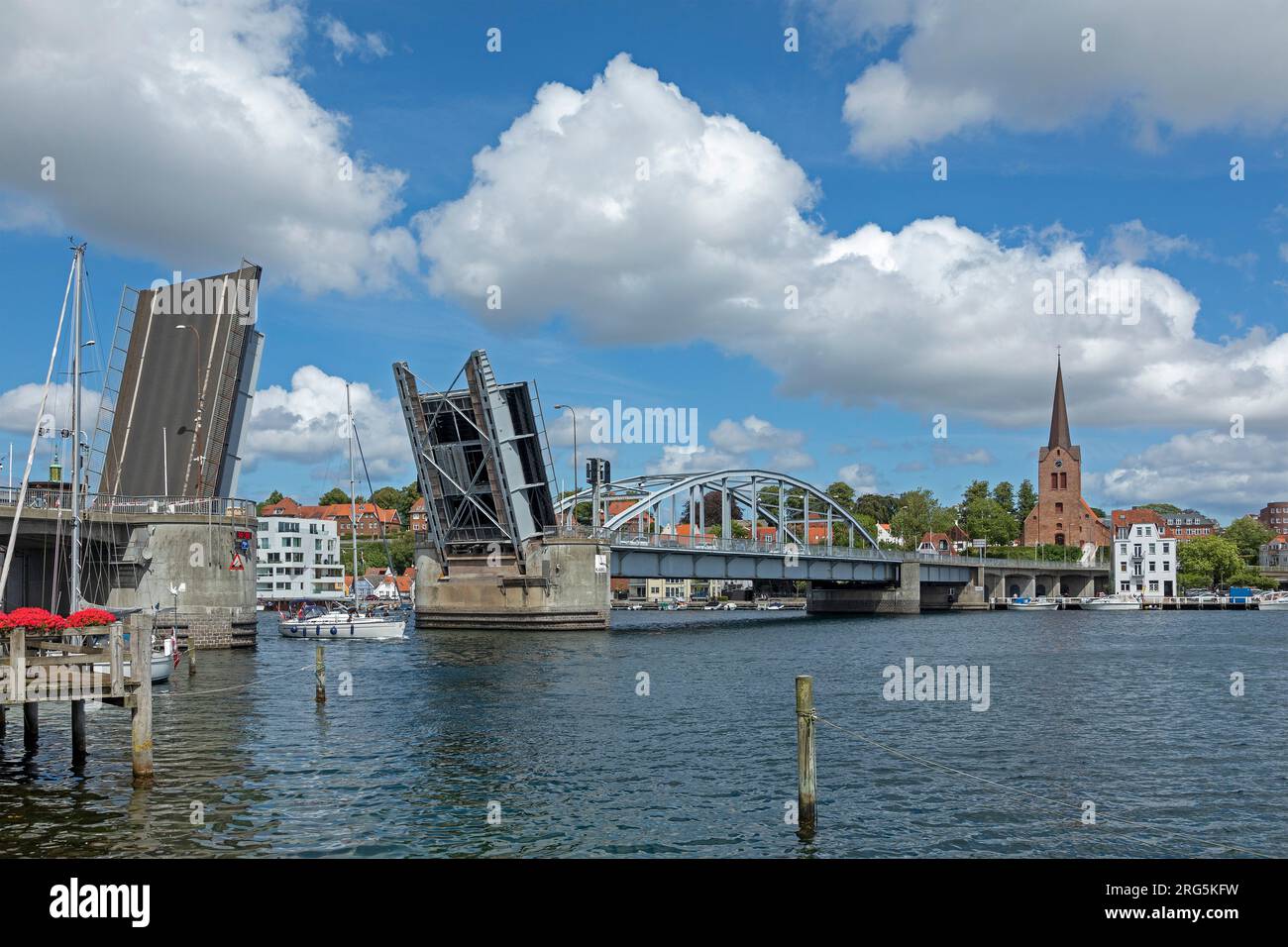 Open counterpoise bridge, boat, King Christian X. Bridge, Sønderborg ...