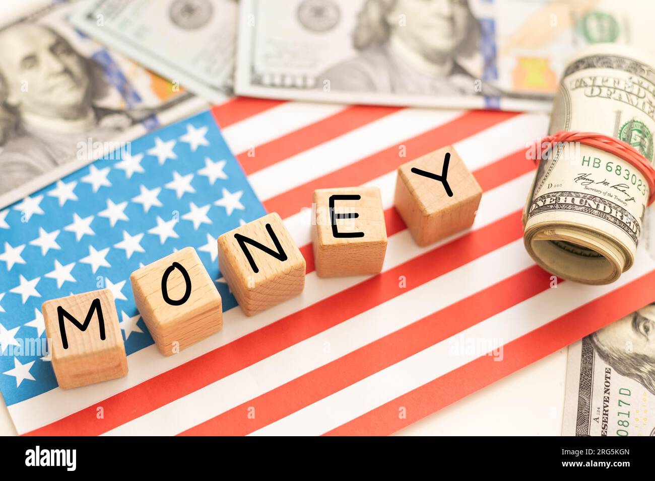 American economy and business concept. The US flag has cubes with the ...
