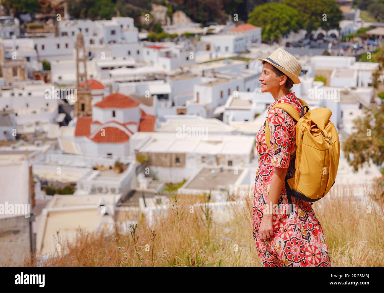 Nice Happy Female Enjoying Greek Islands. Travel to Greece ...