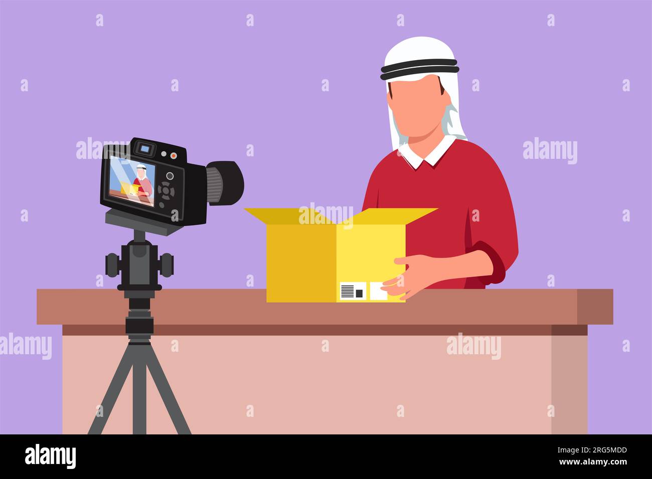 Cartoon flat style drawing young Arab male vlogger unboxing, review ...