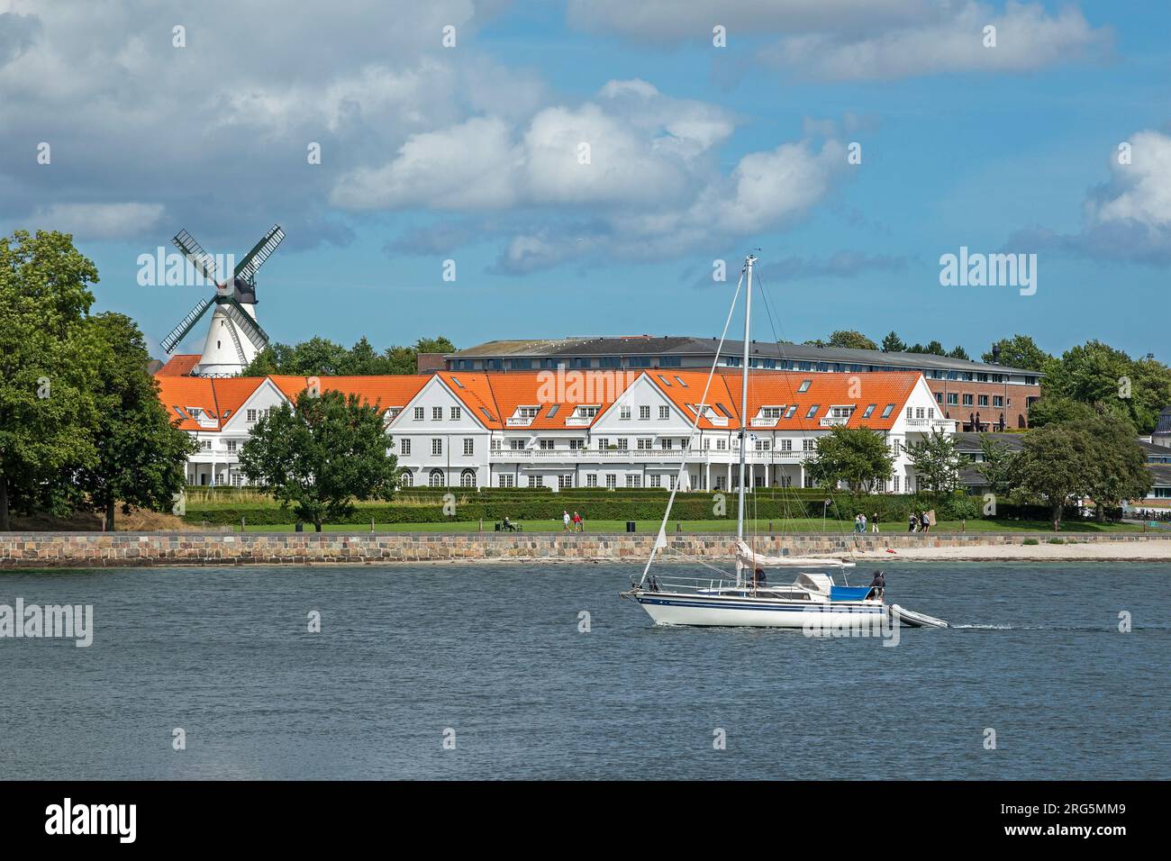 Windmill, houses, beach, sailing boat, Sønderborg, Syddanmark, Denmark ...