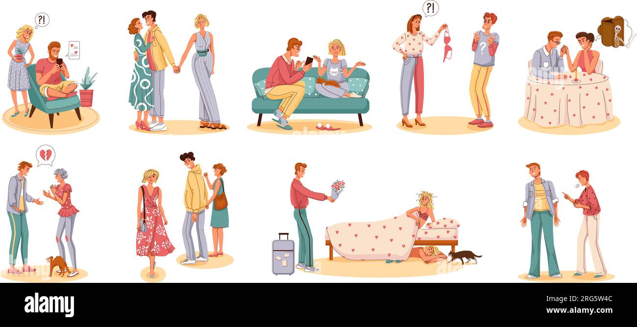 Disrupt in relationship flat set with isolated icons characters of ...