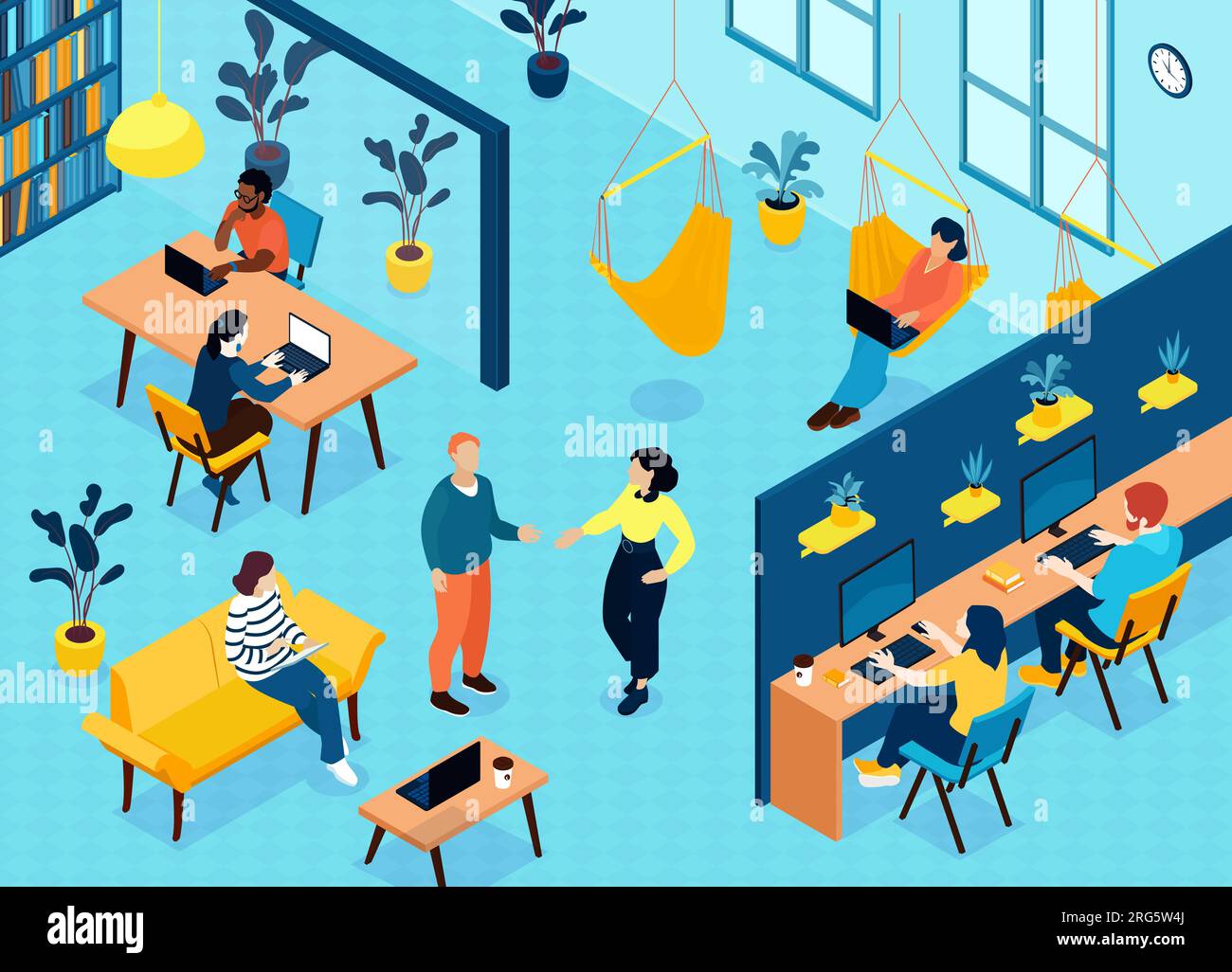 Isometric freelancer composition with indoor scenery of coworking space ...