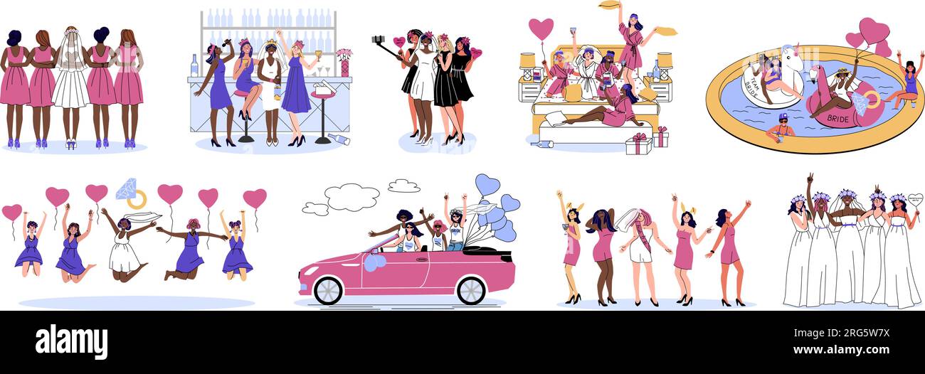 Bachelorette party hen party set of flat icons and isolated ...