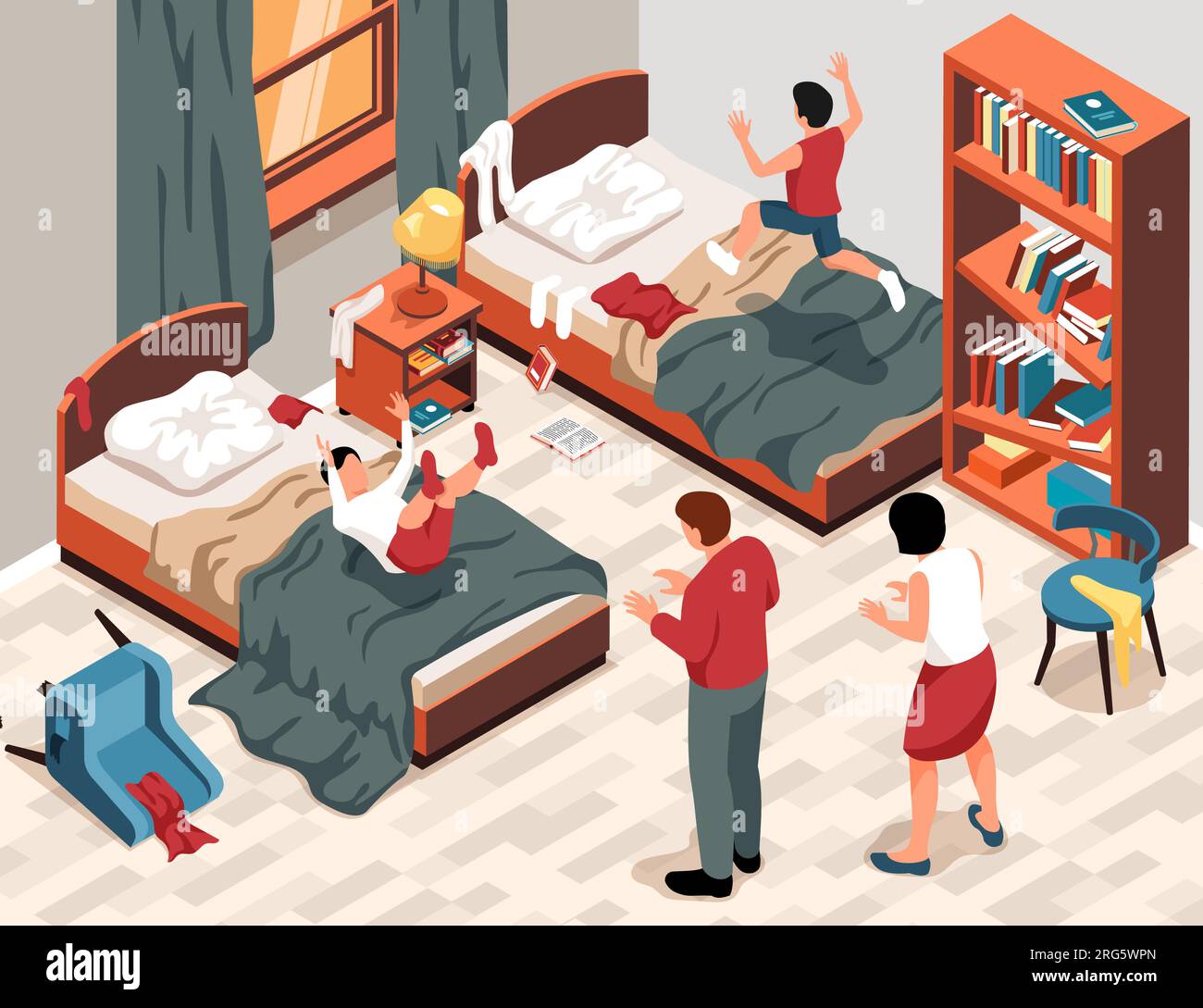 Messy room isometric background with shocked parents and kids tumbling ...
